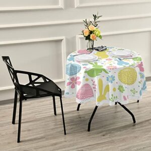 Easter Bunnies Eggs Round Tablecloth 60" Spring Flowers Peeps Flowers Tablecloths with Lace Washable Stain Resistant Tablecover for Kitchen Dining Holiday Home Party Decorations