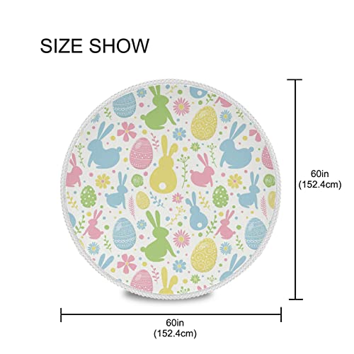 Easter Bunnies Eggs Round Tablecloth 60" Spring Flowers Peeps Flowers Tablecloths with Lace Washable Stain Resistant Tablecover for Kitchen Dining Holiday Home Party Decorations