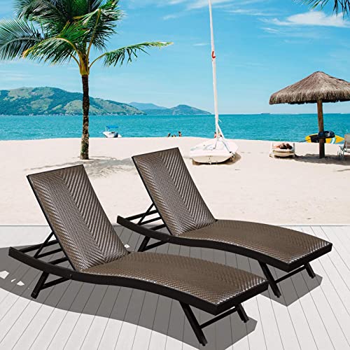 domi outdoor living Outdoor PE Wicker Chaise Lounge - Set of 2 Patio Reclining Chair Furniture Set Beach Pool Adjustable Backrest Recliners Padded with Quick Dry Foam