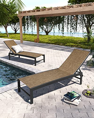 Pellebant Outdoor Lounge Chairs Set of 2, Patio Aluminum Chaise Lounge with Adjustable Backrest, Rustproof Pool Lounge Chairs for Pool Deck Sunbath(2pcs,Grey&Brown)