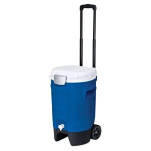 igloo 5 gallon wheeled portable sports cooler water beverage dispenser with flat seat lid, blue, model number: 42256