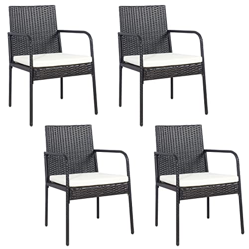 Tangkula 4 Pieces Patio Rattan Dining Chair Set, Patiojoy Outdoor Wicker Chairs with High Back & Ergonomic Armrest, Dining Chairs with Soft Padded Cushion for Deck Porch Backyard Indoor Outdoor