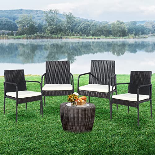 Tangkula 4 Pieces Patio Rattan Dining Chair Set, Patiojoy Outdoor Wicker Chairs with High Back & Ergonomic Armrest, Dining Chairs with Soft Padded Cushion for Deck Porch Backyard Indoor Outdoor