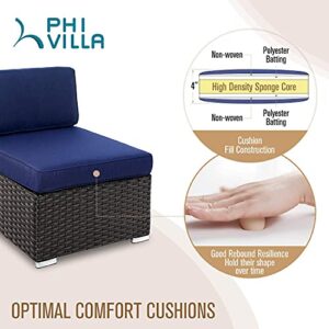 PHI VILLA Outdoor Patio Furniture Sets - Rattan Wicker Patio Sectional Sofa Couch with Tea Table & Washable Cushions (6 Piece, Navy Blue)