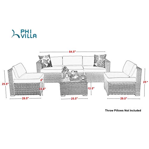 PHI VILLA Outdoor Patio Furniture Sets - Rattan Wicker Patio Sectional Sofa Couch with Tea Table & Washable Cushions (6 Piece, Navy Blue)