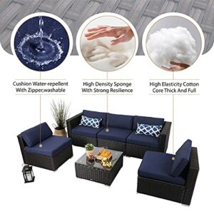 PHI VILLA Outdoor Patio Furniture Sets - Rattan Wicker Patio Sectional Sofa Couch with Tea Table & Washable Cushions (6 Piece, Navy Blue)