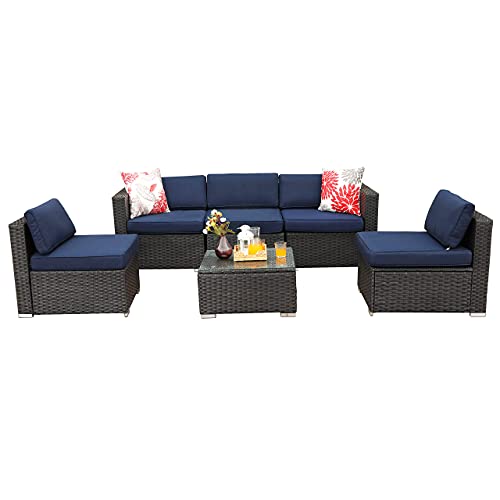 PHI VILLA Outdoor Patio Furniture Sets - Rattan Wicker Patio Sectional Sofa Couch with Tea Table & Washable Cushions (6 Piece, Navy Blue)