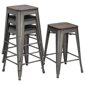 yaheetech 24” counter height barstools 4pcs metal chairs barstools for patio with wood seat for indoor and outdoor, gun metal