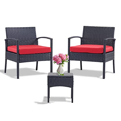 Outdoor Chairs Set Bistro Set 3 Pieces Patio Conversation Set Furniture Set for Small Balcony Rattan Chairs and Table with Cushions Red