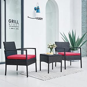 Outdoor Chairs Set Bistro Set 3 Pieces Patio Conversation Set Furniture Set for Small Balcony Rattan Chairs and Table with Cushions Red