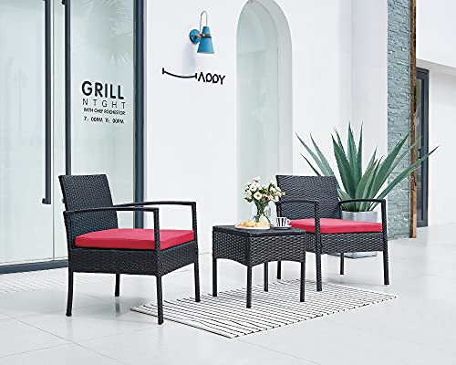 Outdoor Chairs Set Bistro Set 3 Pieces Patio Conversation Set Furniture Set for Small Balcony Rattan Chairs and Table with Cushions Red