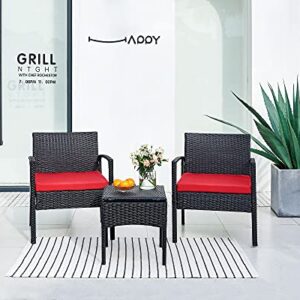 Outdoor Chairs Set Bistro Set 3 Pieces Patio Conversation Set Furniture Set for Small Balcony Rattan Chairs and Table with Cushions Red