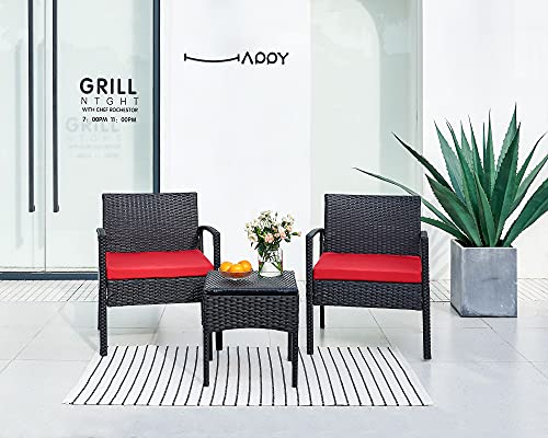 Outdoor Chairs Set Bistro Set 3 Pieces Patio Conversation Set Furniture Set for Small Balcony Rattan Chairs and Table with Cushions Red