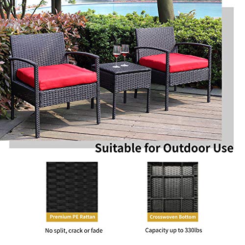 Outdoor Chairs Set Bistro Set 3 Pieces Patio Conversation Set Furniture Set for Small Balcony Rattan Chairs and Table with Cushions Red