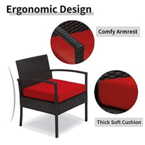 Outdoor Chairs Set Bistro Set 3 Pieces Patio Conversation Set Furniture Set for Small Balcony Rattan Chairs and Table with Cushions Red