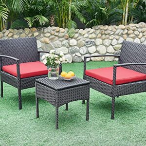 Outdoor Chairs Set Bistro Set 3 Pieces Patio Conversation Set Furniture Set for Small Balcony Rattan Chairs and Table with Cushions Red