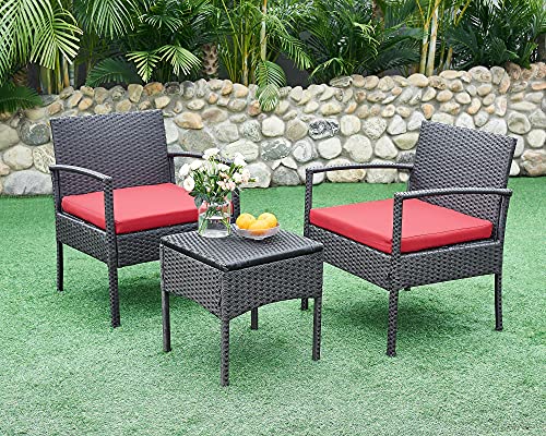 Outdoor Chairs Set Bistro Set 3 Pieces Patio Conversation Set Furniture Set for Small Balcony Rattan Chairs and Table with Cushions Red