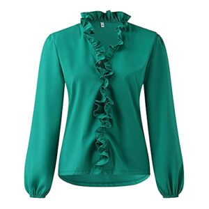 Long Sleeve Ruffle Shirts for Women Ladies Elegant Solid Fashion Fall Clothes Plus Size V Neck Loose Pullover Tops Green