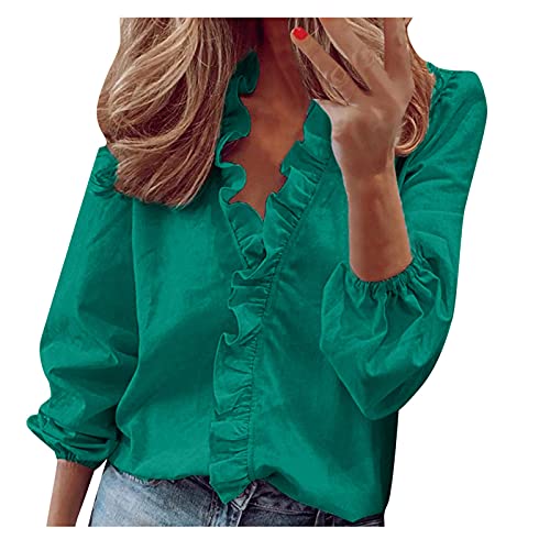 Long Sleeve Ruffle Shirts for Women Ladies Elegant Solid Fashion Fall Clothes Plus Size V Neck Loose Pullover Tops Green