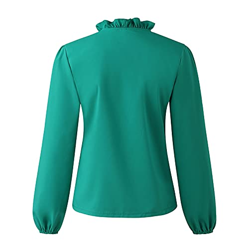 Long Sleeve Ruffle Shirts for Women Ladies Elegant Solid Fashion Fall Clothes Plus Size V Neck Loose Pullover Tops Green