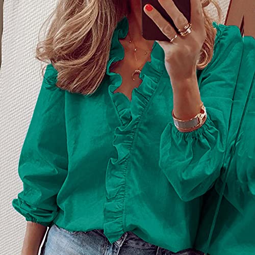 Long Sleeve Ruffle Shirts for Women Ladies Elegant Solid Fashion Fall Clothes Plus Size V Neck Loose Pullover Tops Green