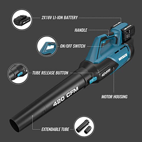 Leaf Blower, WESCO 40V Max Cordless Leaf Blower with Battery and Fast Charger, 420 CFM, 2 x 20V 2.0Ah Li-ion Battery, Handheld Sweeper for Blowing Leaves, Dust, Debris