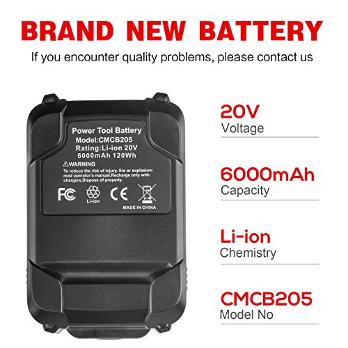 CMCB205 20V 6000mAh Battery Replacement for Craftsman 20V Battery CMCB204 CMCB202 CMCB201 CMCS500B CMCD700C1 Cordless Tool (Only for Craftsman 20V Max V20 Series)