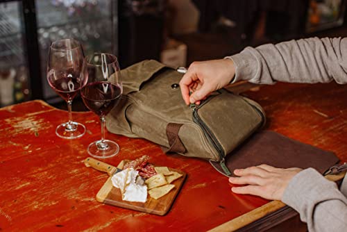 LEGACY - a Picnic Time Brand, 2 Bottle Insulated Wine Bag with Cheese Board and Knife Set - Wine Picnic Bag - Waxed Canvas Wine Tote, Khaki/Brown