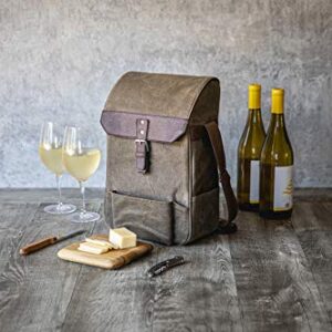 LEGACY - a Picnic Time Brand, 2 Bottle Insulated Wine Bag with Cheese Board and Knife Set - Wine Picnic Bag - Waxed Canvas Wine Tote, Khaki/Brown