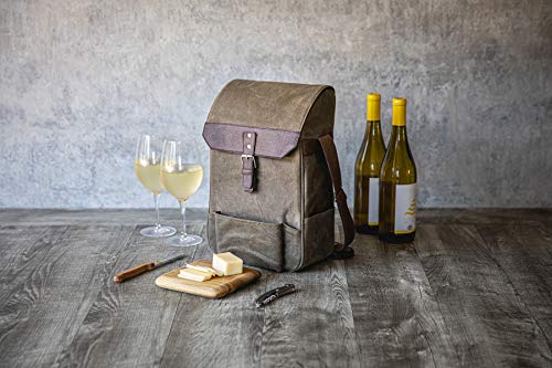 LEGACY - a Picnic Time Brand, 2 Bottle Insulated Wine Bag with Cheese Board and Knife Set - Wine Picnic Bag - Waxed Canvas Wine Tote, Khaki/Brown