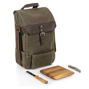 LEGACY - a Picnic Time Brand, 2 Bottle Insulated Wine Bag with Cheese Board and Knife Set - Wine Picnic Bag - Waxed Canvas Wine Tote, Khaki/Brown