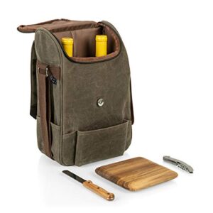 LEGACY - a Picnic Time Brand, 2 Bottle Insulated Wine Bag with Cheese Board and Knife Set - Wine Picnic Bag - Waxed Canvas Wine Tote, Khaki/Brown