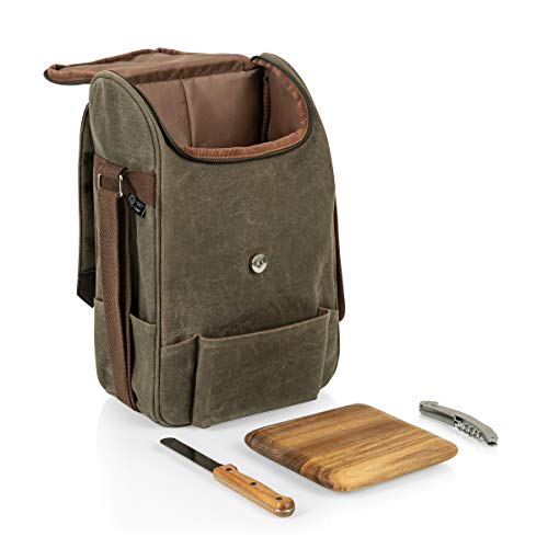 LEGACY - a Picnic Time Brand, 2 Bottle Insulated Wine Bag with Cheese Board and Knife Set - Wine Picnic Bag - Waxed Canvas Wine Tote, Khaki/Brown