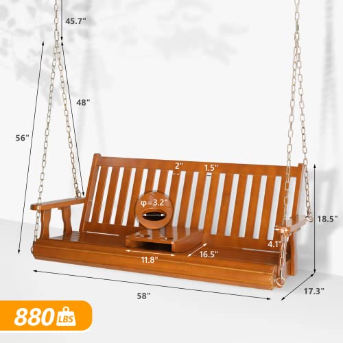 VINGLI Heavy Duty 880 LBS Wooden Patio Porch Swing with Cup Holder, 5 FT Well-Finished Outdoor Swing Chair Bench with Adjustable Chains for Porch, Yard, Balcony, Tree