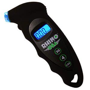 rhino usa digital tire pressure gauge 150 psi, 4 ranges, ergonomic design w/lighted nozzle & lcd backlit display – certified accurate readings, best digital gage (black)