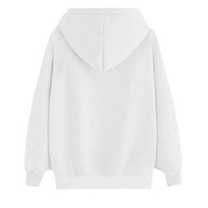 women solid basic hoodies casual loose fashion long sleeve crewneck blouse lady comfy warm pocket drawstring sweatshirt White