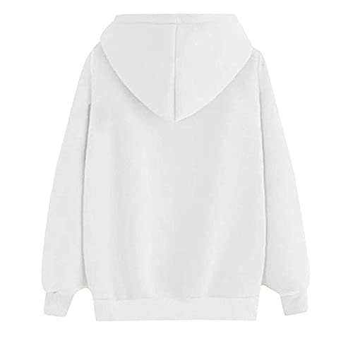 women solid basic hoodies casual loose fashion long sleeve crewneck blouse lady comfy warm pocket drawstring sweatshirt White