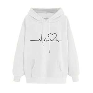 women solid basic hoodies casual loose fashion long sleeve crewneck blouse lady comfy warm pocket drawstring sweatshirt White