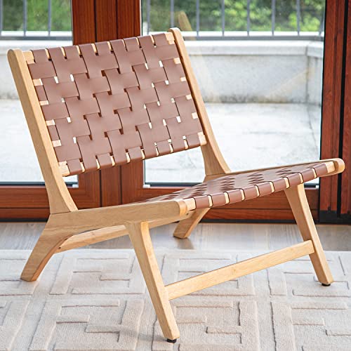 HeuGah Accent Chair,Woven Leather Midcentury Modern Accent Chair with High Back, Patio Lounge Chair, Cognac Leather and Natural Wood Recliner Chair for Living Room,Bedroom,Patio(Burlywood)