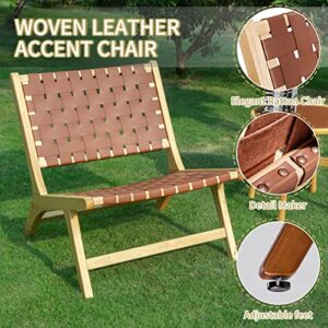 HeuGah Accent Chair,Woven Leather Midcentury Modern Accent Chair with High Back, Patio Lounge Chair, Cognac Leather and Natural Wood Recliner Chair for Living Room,Bedroom,Patio(Burlywood)