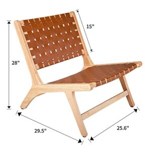 HeuGah Accent Chair,Woven Leather Midcentury Modern Accent Chair with High Back, Patio Lounge Chair, Cognac Leather and Natural Wood Recliner Chair for Living Room,Bedroom,Patio(Burlywood)