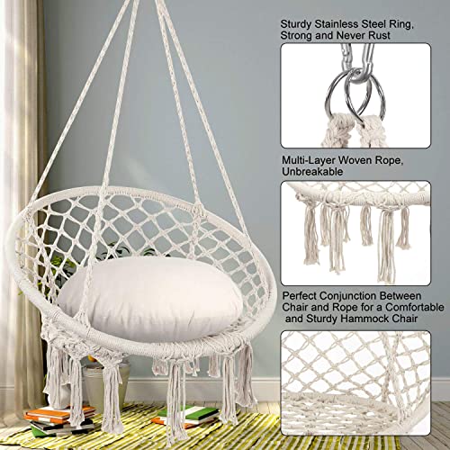 Y- Stop Hammock Chair Macrame Swing Chair, Max 330 Lbs, Hanging Chair Cotton Rope Hammock Chair Swing for Indoor and Outdoor Use, Beige