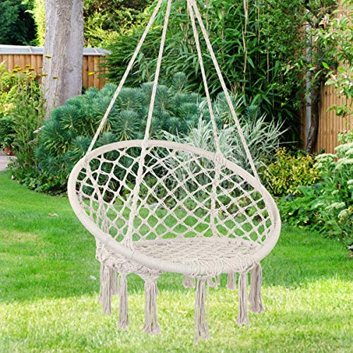 Y- Stop Hammock Chair Macrame Swing Chair, Max 330 Lbs, Hanging Chair Cotton Rope Hammock Chair Swing for Indoor and Outdoor Use, Beige