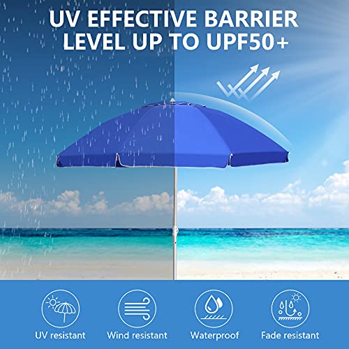 Lurasel Beach Umbrella 6.5ft UV 50+ Outdoor Portable Sunshade Umbrella with Sand Anchor,Tilt Mechanism and Carry Bag for Garden Beach Outdoor, Blue