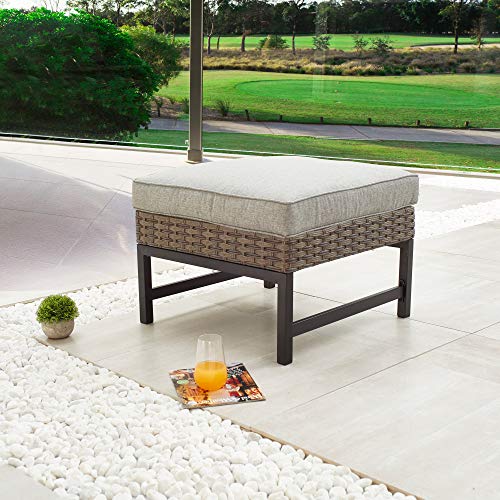 LOKATSE HOME Outdoor Patio Bistro Furniture Ottoman Footstool Rest with Premium Fabric Soft Removable Cushion and Wicker Rattan with Slatted Steel for Garden Yard Lawn Poolside, Grey