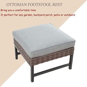 LOKATSE HOME Outdoor Patio Bistro Furniture Ottoman Footstool Rest with Premium Fabric Soft Removable Cushion and Wicker Rattan with Slatted Steel for Garden Yard Lawn Poolside, Grey