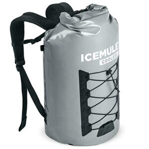 icemule pro large collapsible backpack cooler – hands free, 100% waterproof, 24+ hours cooling, soft sided cooler for hiking, camping, fishing & picnics, 23 liter, fits 18 cans + ice, grey