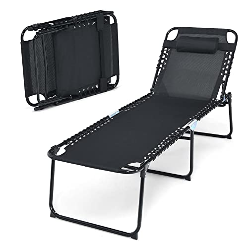 Tangkula Foldable Beach Lounge Chair for Outdoor, Reclining Chair with Removable Headrest, 4-Position Adjustable Backrest, Portable Chaise Lounger for Yard, Patio, Beach, Camping (1, Black)