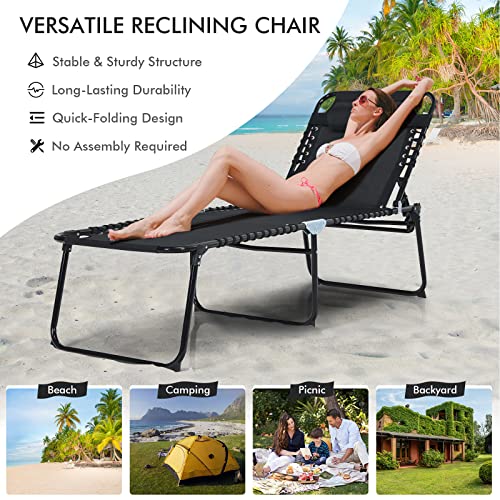 Tangkula Foldable Beach Lounge Chair for Outdoor, Reclining Chair with Removable Headrest, 4-Position Adjustable Backrest, Portable Chaise Lounger for Yard, Patio, Beach, Camping (1, Black)