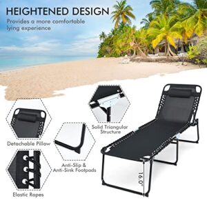 Tangkula Foldable Beach Lounge Chair for Outdoor, Reclining Chair with Removable Headrest, 4-Position Adjustable Backrest, Portable Chaise Lounger for Yard, Patio, Beach, Camping (1, Black)